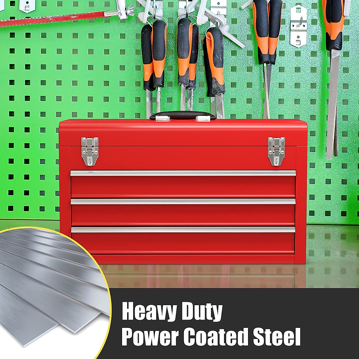 Goplus Tool Box, Portable 20” Tool Boxes with 3 Drawers, Top Tool Tray, Metal Lock Latch, Protective Liner, Auto Locking, Heavy Duty Steel Toolbox for Garage, Workshop, Mechanic