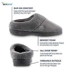 isotoner Terry Hoodback Clog Slippers for Women - Soft Memory Foam, Comfort Arch Support, House Slippers with Indoor/Outdoor Sole