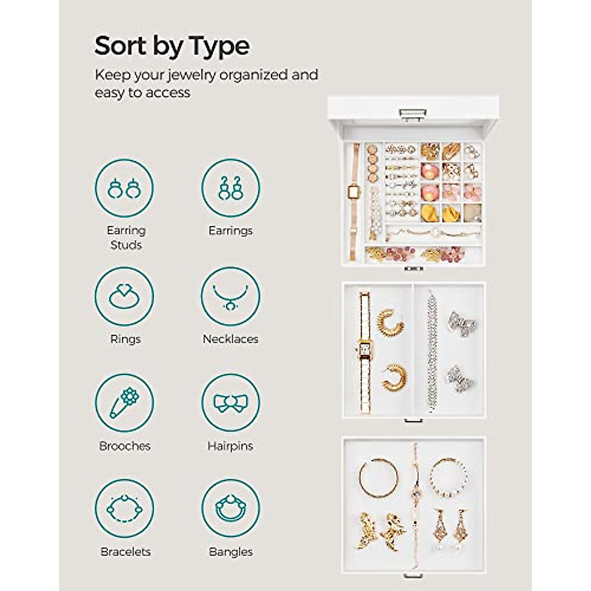 SONGMICS Jewelry Box, Lockable Jewelry Storage Organizer, Jewelry Case with Glass Window, for Rings, Earrings, Studs, Bracelets, Necklaces, White UJBC158W01