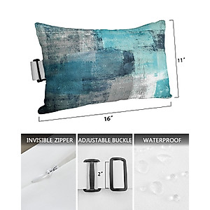 Blue Graffiti Art Outdoor Chaise Lounge Head Resting Pillows 2 Pack, Teal Blue Green Gray Abstract Art Waterproof Patio Furniture Pillow with Insert Adjustable Elastic Stripe for Recliner Beach Chair