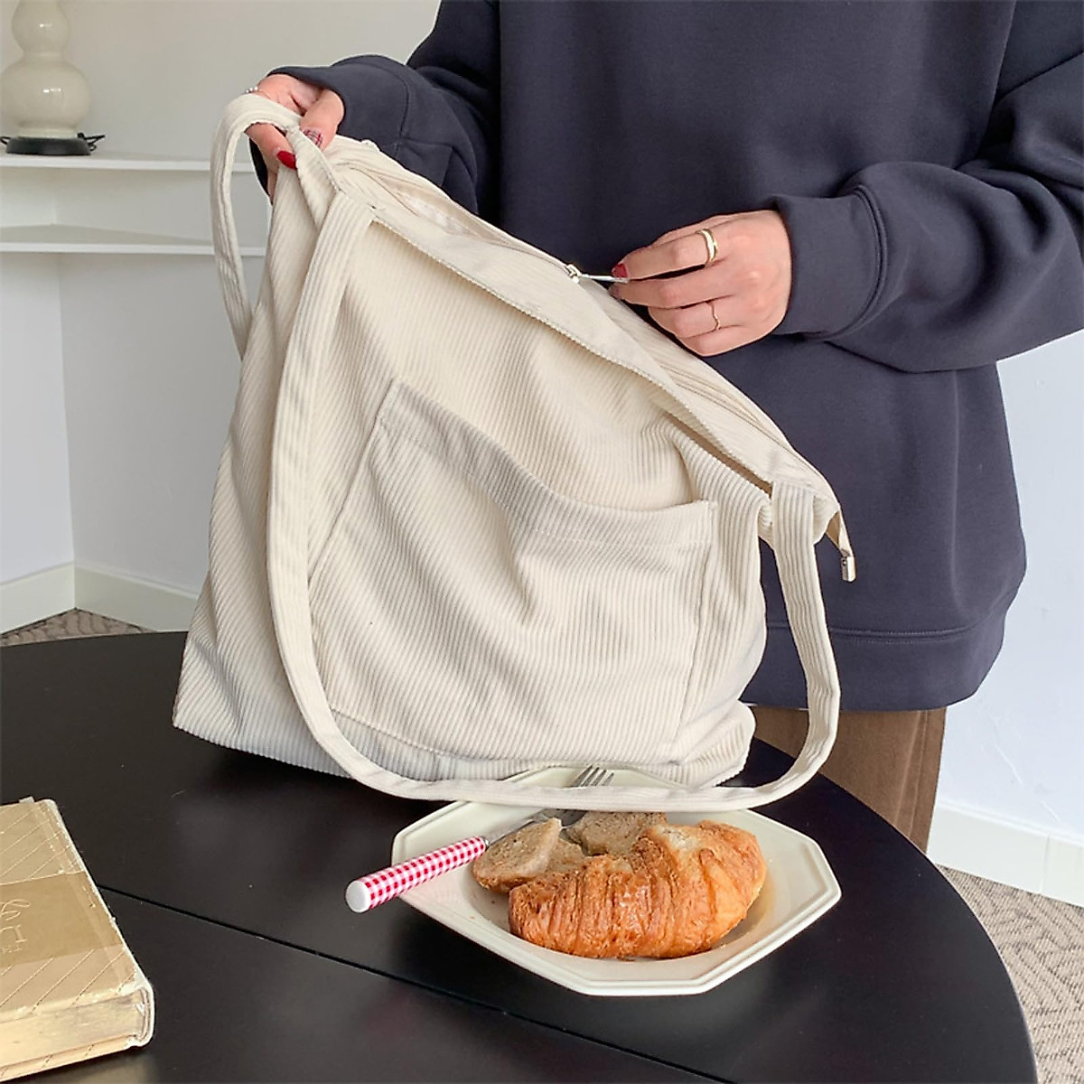 ALUWU Corduroy Tote Bag for Women Corduroy Purse with Front Pocket and Zipper Shoulder Hobo Handbags Simple Canvas Purse, Begie