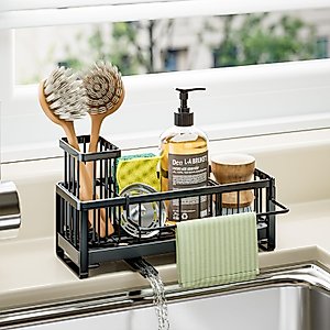 HapiRm Sponge Holder for Kitchen Sink - Self-draining Sink Caddy with Brush Holder and Dishcloth Holder, Stainless Steel Kitchen Sink Organizer for Countertop - Black