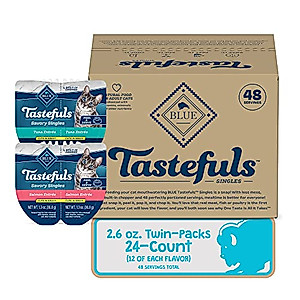 Blue Buffalo Tastefuls Savory Singles Adult Cuts in Gravy Wet Cat Food Variety Pack, Salmon and Tuna Entrée, 2.6-oz Twin-Pack Tray 24 Count(Pack of 2)
