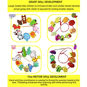 BMTOYS Montessori Educational Threading Toys Wooden Stringing Farm Animals Fruits Lacing Beads Preschool Toy for Toddler 3 4 5 Year Old Boys Girls