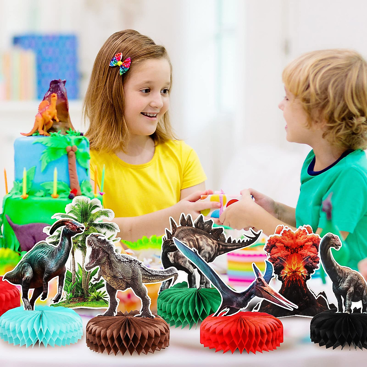 10 Pcs Dinosaur Centerpieces For Birthday Party 3D Dino Honeycomb Table Decorations Safari Jungle Animal Theme Baby Shower Table Paper Topper Stand Decor For Boys Girls Kids