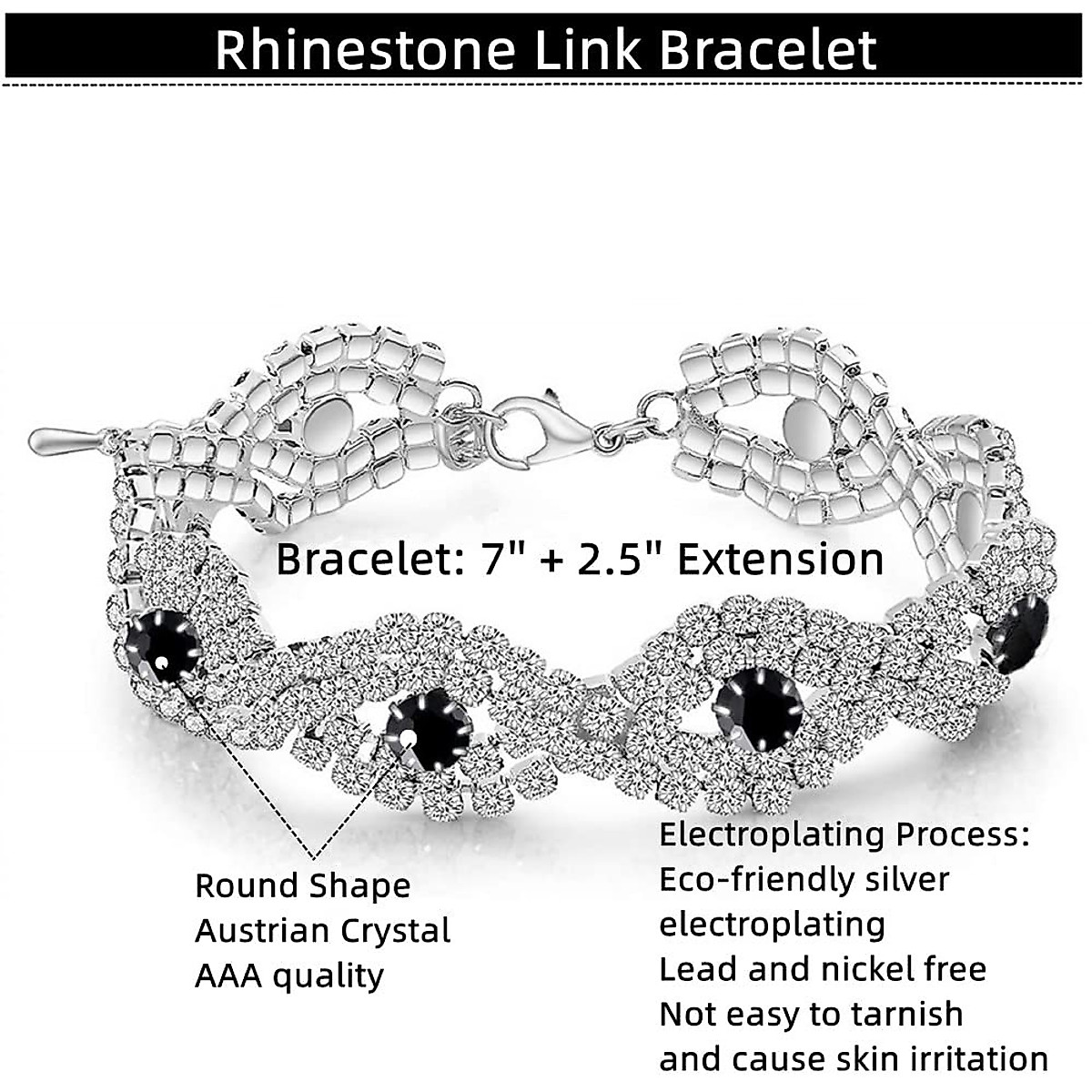 Paxuan Black Wedding Bridal Prom Jewelry Set Black Crystal Rhinestone Necklace Earrings Bracelet Jewelry Sets for bride bridesmaid Wedding (Black - Necklace + Earrings + Bracelet)