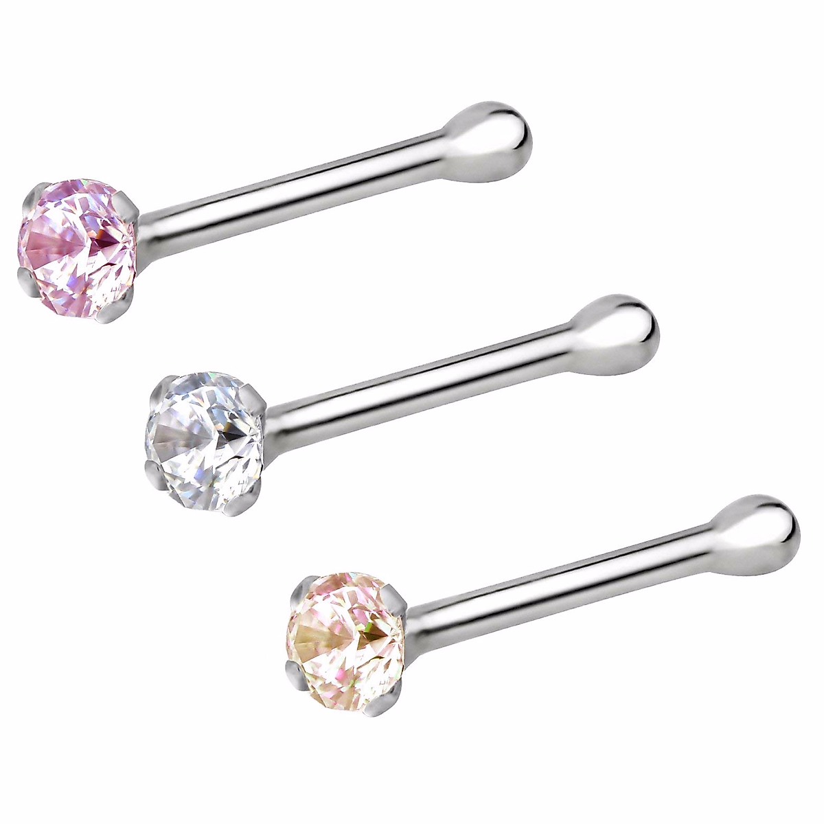 Forbidden Body Jewelry Nose Rings Sterling Silver CZ Simulated Diamond Micro Nose Studs 22G Set of 3 (Clr/AB/Rose)