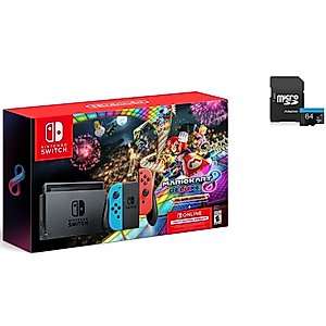 Nintendo Switch with Neon Blue and Neon Red Joy-Con, Mario Kart 8 Deluxe (Full Game Download), 3 Month Nintendo Switch Online Individual Membership, KKE 64GB MicroSD Card Holiday Bundle (Renewed)