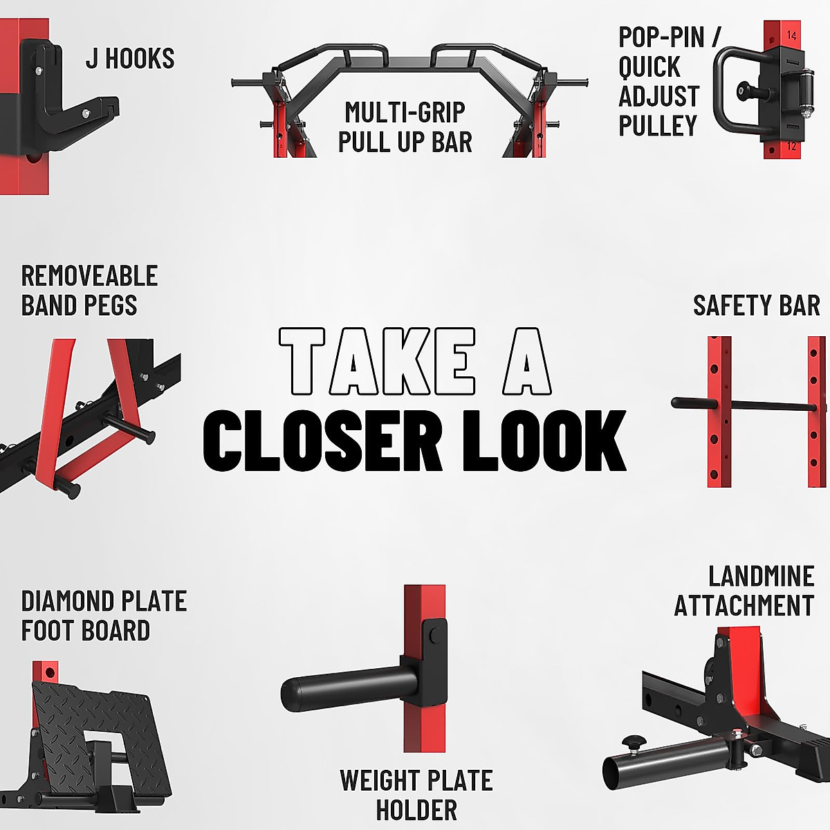 Mikolo Power Cage Power Rack with Cable Crossover System, 1500LBS Squat Rack,with LAT Pull Down System, Home Gym Packages with Weight Bench, Olympic Barbell Weight Set-Red