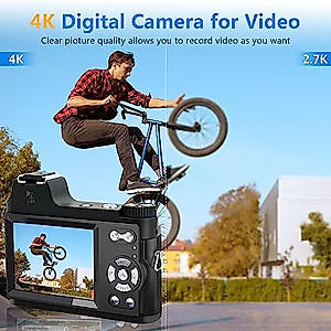 4K Digital Camera for Photography and Video - lovpo 4K 48MP Vlogging Camera for YouTube with SD Card, Manualfocus, 18X Digital Zoom Travel Portable Video Camera with Neck Strap, Anti-Shak, Mode Dia