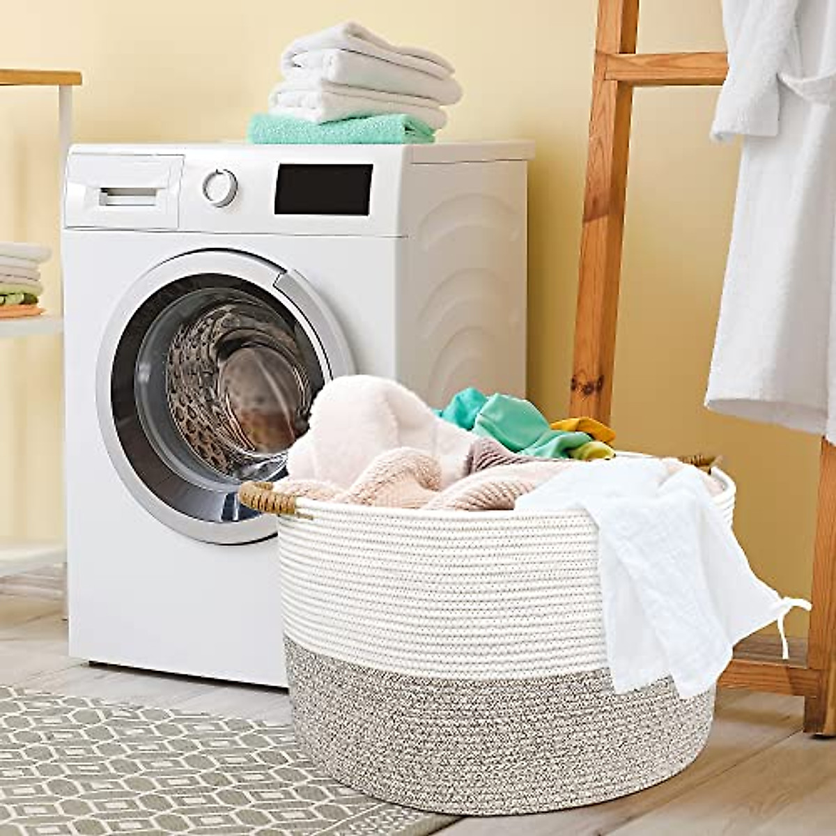 Large Woven Nursery Basket 21.7" x 13.8" Rope Woven Bins with Handles for Baby Cloth Toys Book Storage, Sturdy Decorative Storage Baskets for Organization, Living Room Bathroom Bedroom