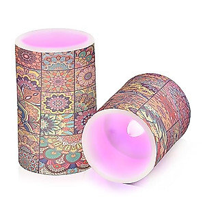 JULYTO Flameless Candles with Remote and Timer Boho Tile Abstract Patchwork Battery Operated Candles Set of 2 Beautiful Flower Flickering Pillar Led Fake Candles for Halloween Christmas Wedding Decor
