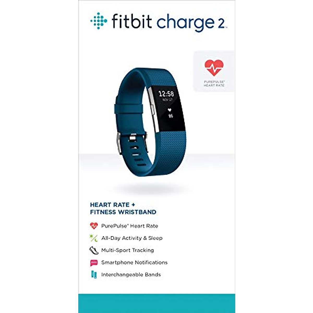 Fitbit Charge 2 Heart Rate + Fitness Wristband, Blue, Large (6.7 - 8.1 Inch) (US Version) (Renewed)