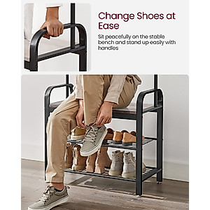 VASAGLE Coat Rack, Hall Tree with Shoe Bench for Entryway, Entryway Bench with Coat Rack, 4-in-1, with 9 Removable Hooks, a Hanging Rod, 13.3 x 28.3 x 72.1 Inches, Greige and Black UHSR40MB