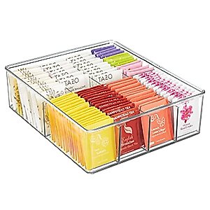 mDesign Plastic Extra Wide Storage Organizer Bin Box for Kitchen, Pantry, Cabinet, Countertop - Tea Bag, Sugar Packet, Coffee Snack, Condiment Holder, 8 Sections - Ligne Collection - Clear
