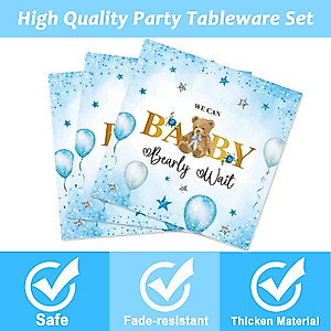 98 PCS Bear Baby Shower Decorations We Can Bearly Wait Tableware Set Baby Shower Themed Tablecloth Plates Boho Napkins Forks for Boy Girl Baby Shower Gender Reveal Birthday Party Supplies