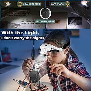 Rechargeable Headband Magnifying Glass with Storage Case, Hands Free Head Magnifier Glasses with LED Light, 1X-1.5X-2X-2.5X-3.5X Lighted Magnifying Headset for Close Work Reading Craft Jewelers Hobby