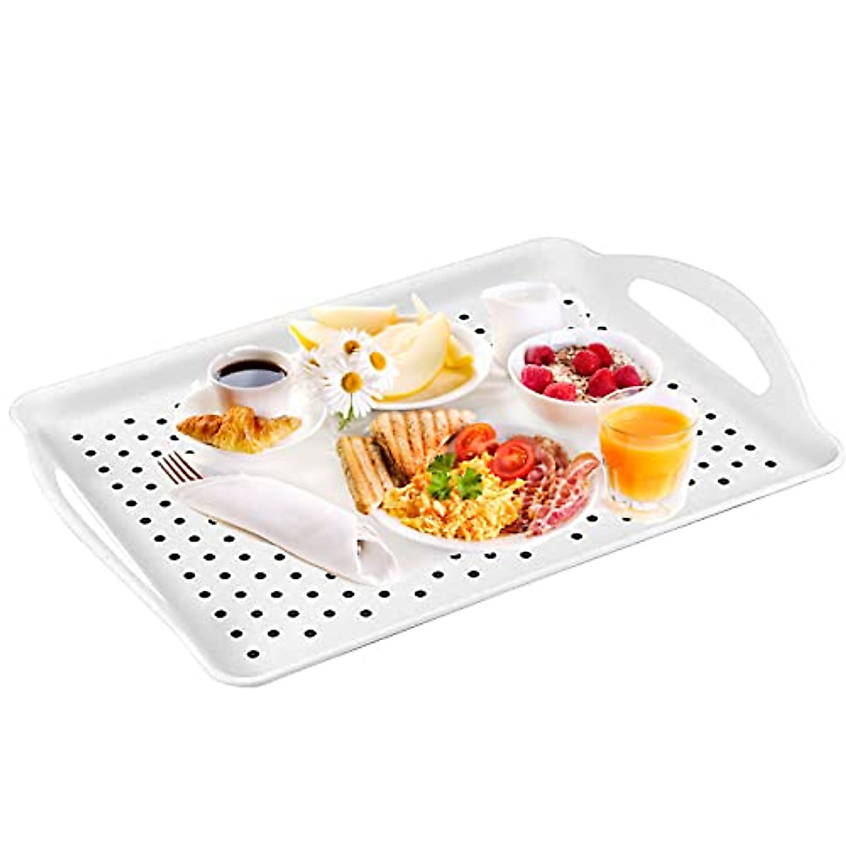 HEIHAK 4 Pack 16.5 x 11.4 x 1.6 Inches Plastic Serving Tray with Handles, Rectangle Non-Slip Food Serving Tray for Eating, Home, Restaurant, White