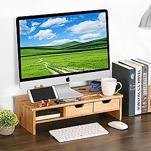 Tribesigns Monitor Stand Riser with Storage Organizer Drawers Bamboo, Natural Brown