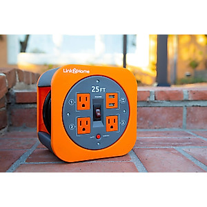 Link2Home Cord Reel 25 ft. Extension Cord 4 Power Outlets, 2 USB Ports, 2.4A Fast Charge – 16 AWG SJT Cable.