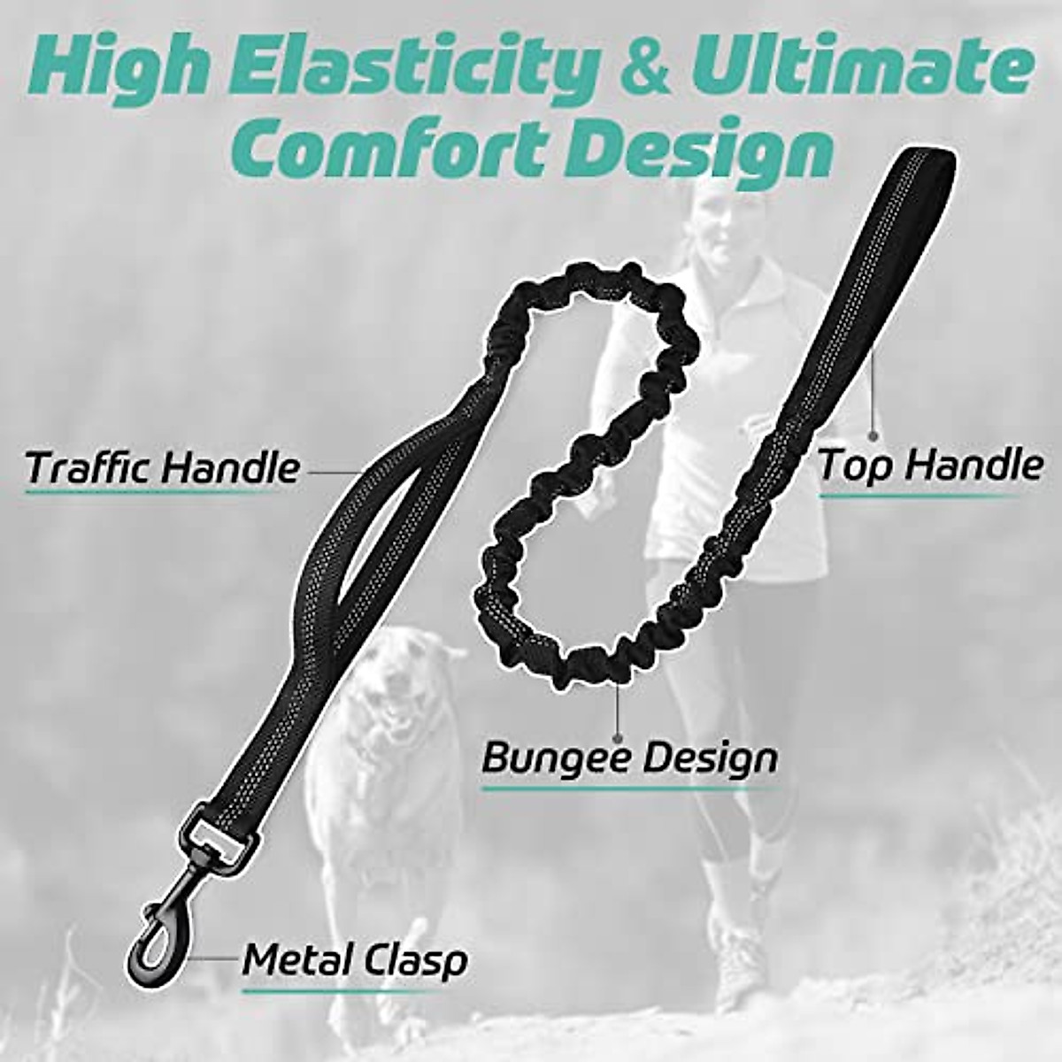 rabbitgoo Tactical Dog Leash, Bungee Dog Training Leash with Shock Absorption, Military Dog Leash with 2 Padded Control Handles for Medium Large Dogs, 4-5.2FT