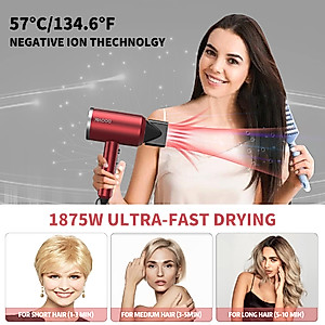 Ionic Hair Dryer, DOOAIR 1875W Blow Dryer with Diffuser and Concentrator, Professional Hair Dryer for Curly Hair, Negative Ion Technology, Constant Temperature Hair Care for Light and Quiet (Red)