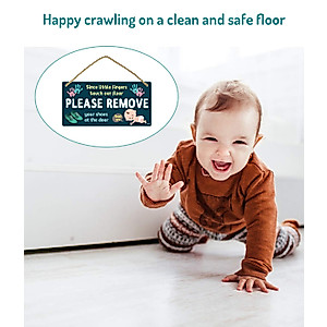 Fun-Plus Please Take Your Shoes Off - Remove Your Shoes Sign - 10″x5″ PVC Plastic Hanging Sign- Since Little Fingers Touch Our Floor