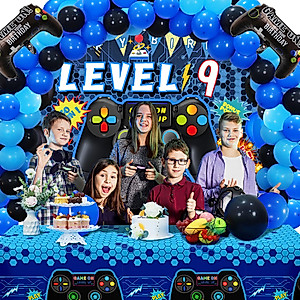 Vlipoeasn 90PCS 9th Birthday Video Game Party Decorations for Boys Set Blue 9th Birthday Supplies -9th Video Game Backdrop, Balloons, Tablecloth, Gamer and 9 Foil Balloons for 9th Birthday Party