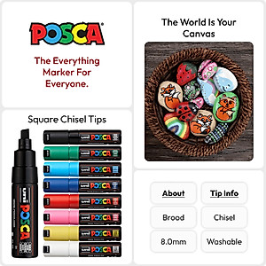 三菱鉛筆 Mitsubishi Pencil Posca PC8K8C Water-Based Pen, Broad Point, Square Core, 8 Colors