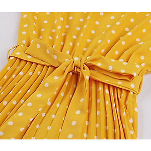 Wellwits Women's Cap Sleeves Pleated 40s 50s Vintage Dress Yellow Polka Dots L