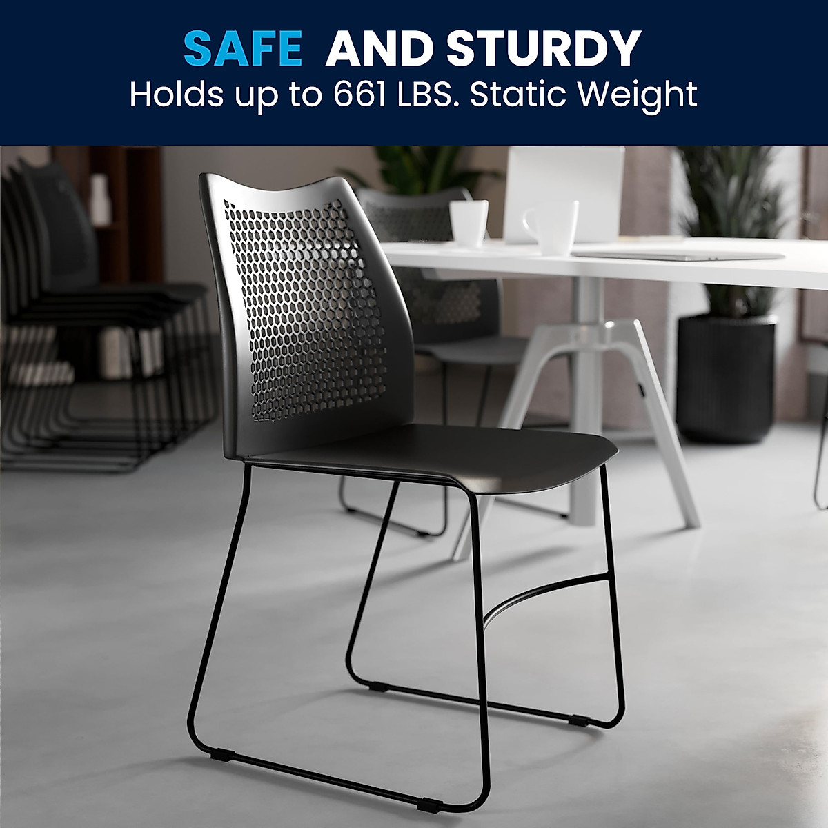 Flash Furniture 5 Pack HERCULES Series 661 lb. Capacity Black Stack Chair with Air-Vent Back and Black Powder Coated Sled Base