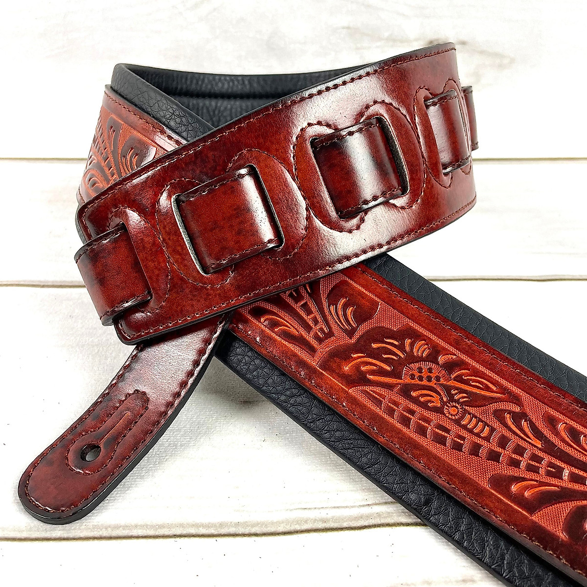 Walker & Williams GB-106 Bourbon Red Brushed Finish Guitar Strap With Padded Glove Leather Back And Classic Live Oak Pattern For Acoustic, Electric, And Bass Guitars