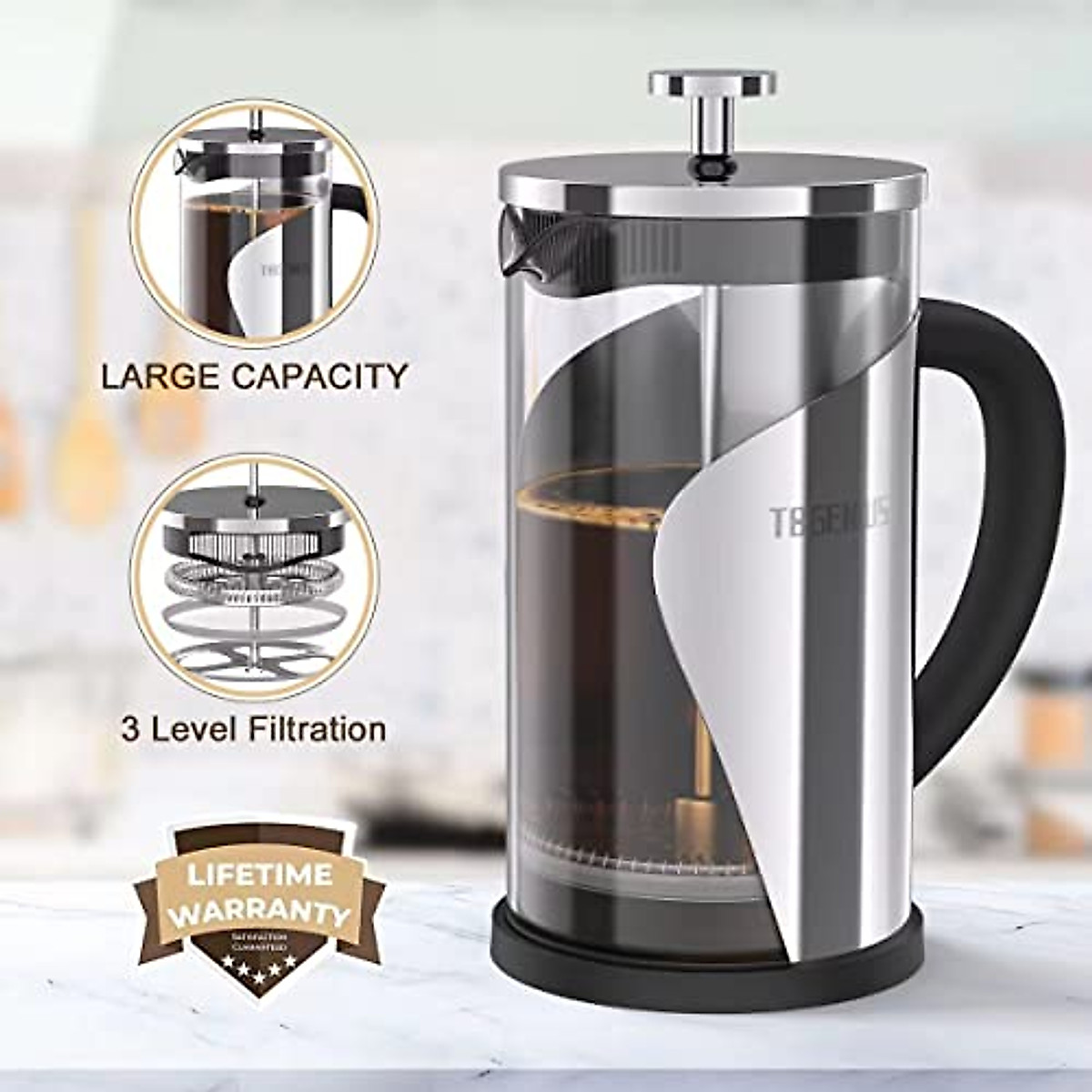 TBGENIUS French Press Coffee Maker 2-4 Cups, 21oz Coffee Press Perfect for Coffee Lover Gifts Morning Coffee, 4 Level Filtration, Stainless Steel Housing - Brews Milk Froth and Tea - 600ml