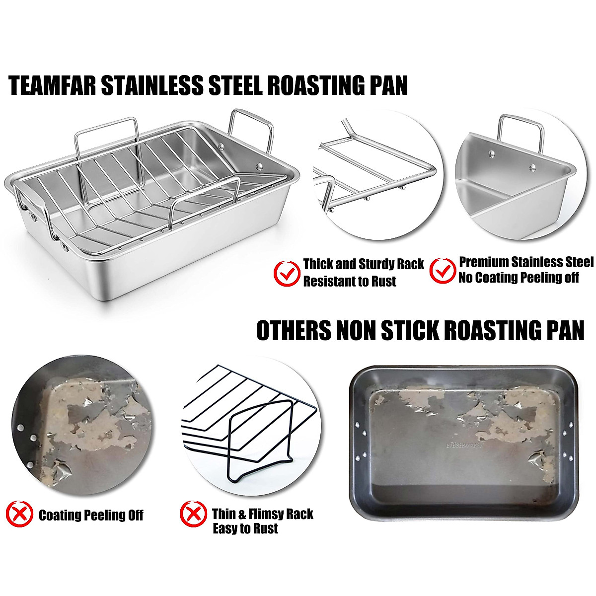 TeamFar Roasting Pan, Stainless Steel Large Turkey Roaster Pan with V Rack & Cooling Rack, Beer Can Chicken Holder & Meat Claws for Shredding & Silicone Brush, Healthy & Dishwasher Safe - 7 Pcs