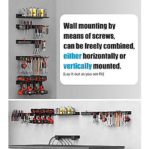 CCCEI 5PCS Individual Pegboard Strip with Power Outlet. Garage All Metal Wall Mount Mini Black Peg Board Set, for Drill and Tools Battery Holder Kit, Cleaning Supplies Cabinet Organizer. Gift for Men