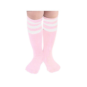 American Trends Kids Child Soccer Socks Stripes Knee High Tube Socks Cotton Uniform Sports Socks for Toddler Girls 1 Pack Pink White