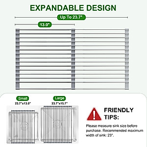 Sindax Roll Up Dish Drying Rack, 23‘’x13'' Stretchable Stainless Steel Over The Sink Dish Rack Multifunctional Foldable Over Sink Rack with Utensil Holder for Kitchen