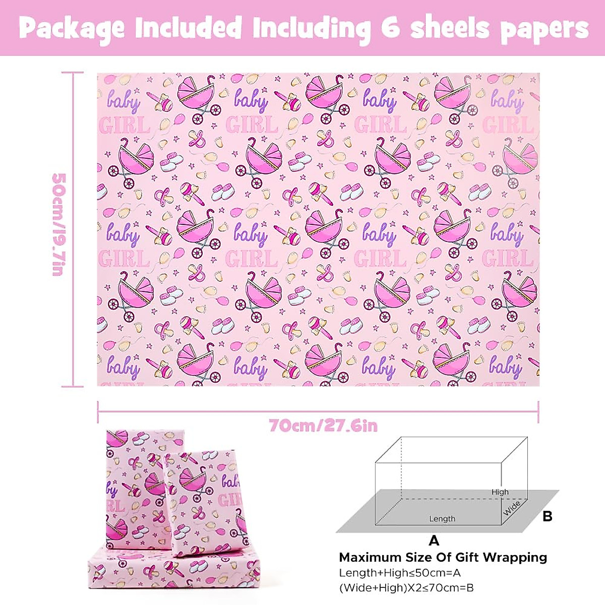 Baby Girl Wrapping Paper For Kids Girls, 6 Sheets Stroller Baby Socks Nipple Balloons Designs 20 x 28 inch Birthday Wrapping Paper for Baby Shower Birthday Kindergarten Newborn