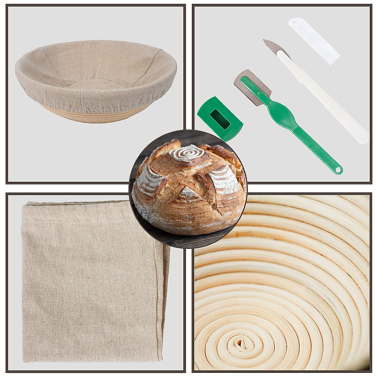 Banneton Bread Basket – Sourdough Proofing Set – Bread Bowl & Linen Liner Cloth + Lames – Rattan Basket No Smell – Bread Bag Included – 10” Brotform – for Homemade Bread