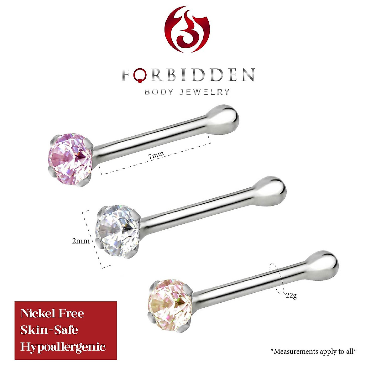Forbidden Body Jewelry Nose Rings Sterling Silver CZ Simulated Diamond Micro Nose Studs 22G Set of 3 (Clr/AB/Rose)