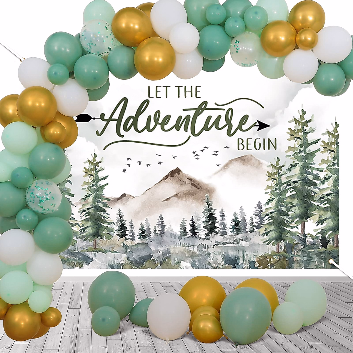 Adventure Baby Shower Decorations Set Adventure Party Decorations Let The Adventure Begin Backdrop,Sage Green Balloon Garland for Travel Themed Party,Greenery Rustic Mountain Forest Woodland Party
