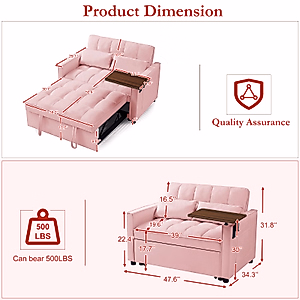 ROCKINGRUN 3 in 1 Velvet Pull Out Sofa Bed with Hidden Side Table, Convertible Loveseat Sleeper with 3 Speed Adjustable Backrest and Side Pockets, Tufted Futon Couch for Living Room Bedroom (Pink)