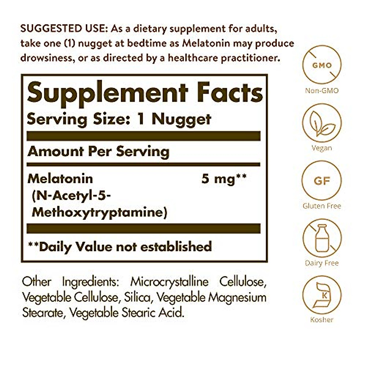 Solgar Melatonin 5 mg, 120 Nuggets - Helps Promote Relaxation & Sleep - Clinically-Studied Melatonin - Supports Natural Sleep Cycle - Vegan, Gluten Free, Dairy Free, Kosher - 120 Servings