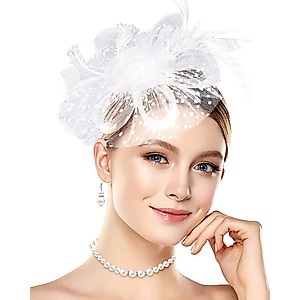 Bniksok 5 Pack White Fascinators Hat for Women Tea Party Veil Mesh Headband Feather Derby Hat Lace Gloves Pearl Jewelry Set for 1920s Party