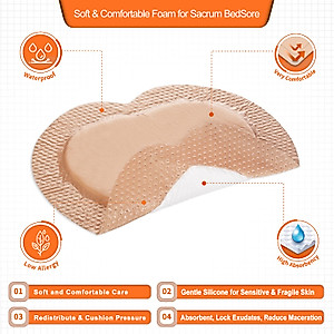 Sacral Silicone Foam Dressing with Border for Sacrum Ulcer, Pressure Ulcer, Butt Bed Sore, Size 7''x7''(4.9''x5.3'' Pad), Painless Removal High Absorbency, Bedsore Wound Bandage,5 Pack