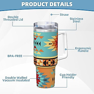 Xiexide 40oz Sweatproof Office Native Southwest American Indian Aztec Navajo Tribal Double Walled Vacuum Insulatedith Handle And Straw,Hot & Cold Drinks