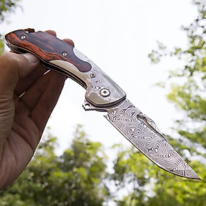 SPIRIT DEED Damascus Pocket Knife for Men,Handmade 3.4in Sharp Blade,Damascus Steel and Rosewood handel EDC,Leather Sheath Outdoor Survival Tool for Hunting