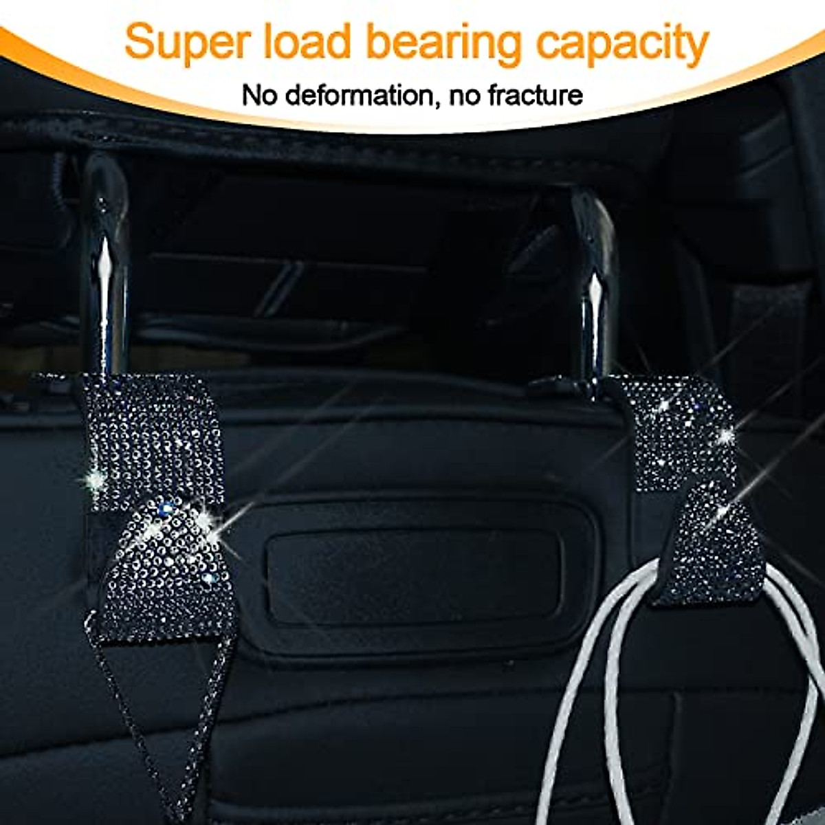 QODOLSI 2 PCS Bling Car Back Seat Headrest Hook, Crystal Back Seat Hanger Storage Organizer, Car Purse Bag Holder, Bling Rhinestone Car Interior Accessories for Women and Men (Black)