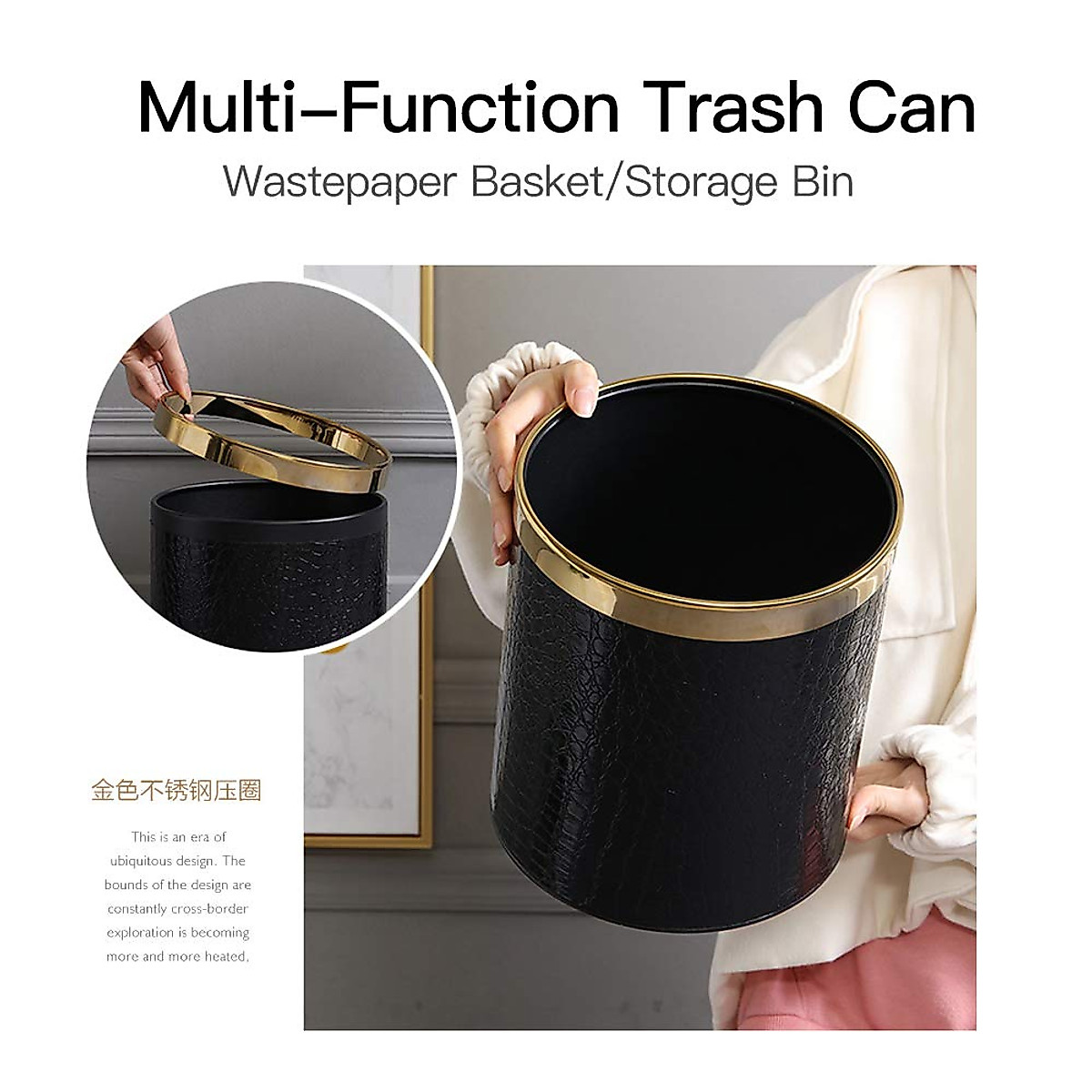 Huaqinglian Small office trash can garbage can Metal Open top wastebasket bin with removable gold ring which for hold garbage bag for Bathroom,Living room,bedroom Using (Black Crocodile Pattern)