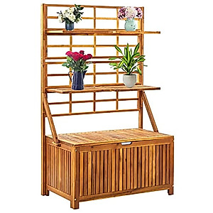 loibinfen Storage Box with Trellis 39"x21.7"x63" Solid Acacia Wood Patio Garden Outdoor Storage Container for Toys, Furniture Deck box (Weight:63.93 lbs)